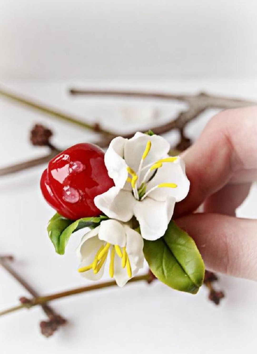 Artificial Cherry Ring Nature Flower Jewelry, Gift for Her Statement ...