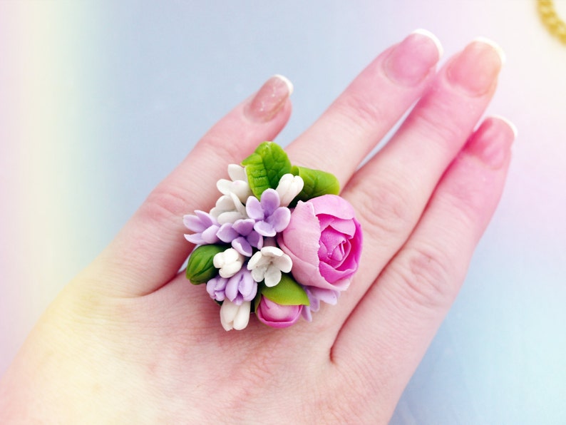 Peony And Lilac Ring Handmade Flower Jewelry Unique | Etsy