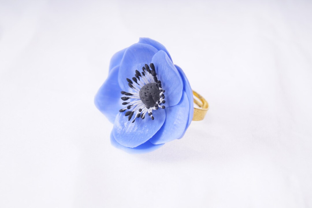 Navy Blue Anemone Ring: Adjustable Floral Statement Jewelry - Etsy