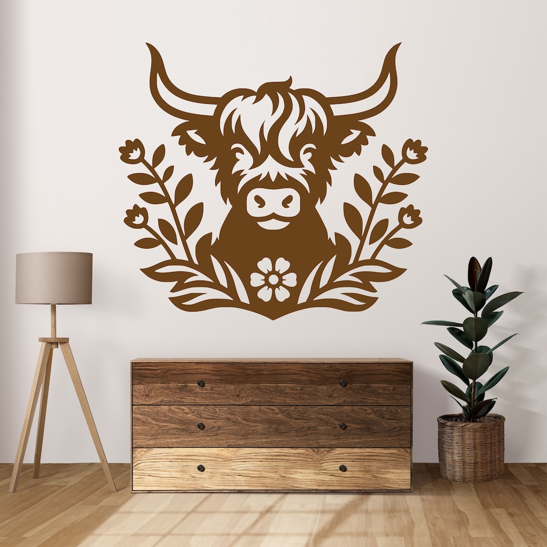 Highland Cow Floral Wall Sticker - Animal Decal Vinyl Art - Etsy