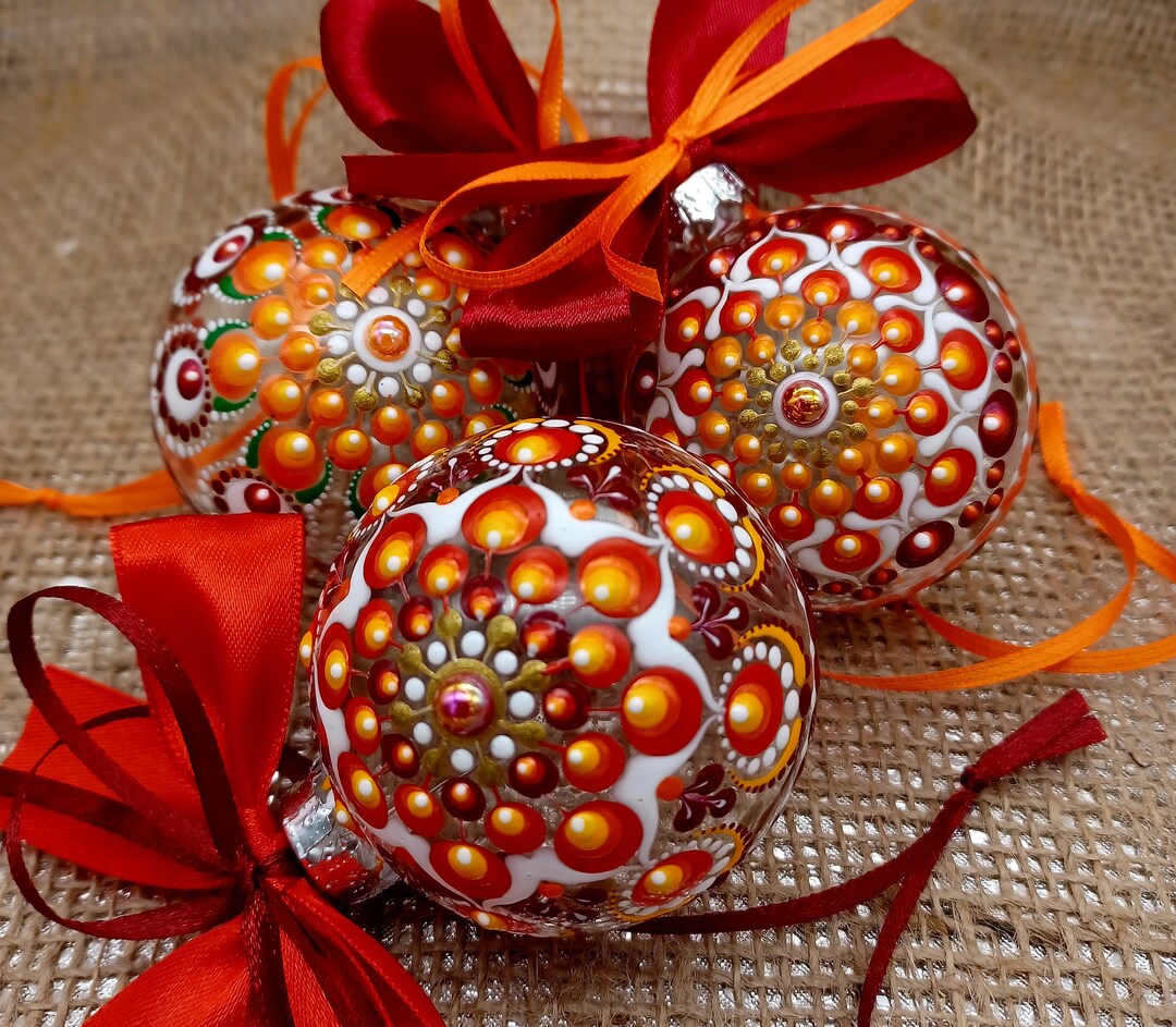 Hand Painted Glass Baubles, Red and Orange Christmas Ornaments, Set of ...