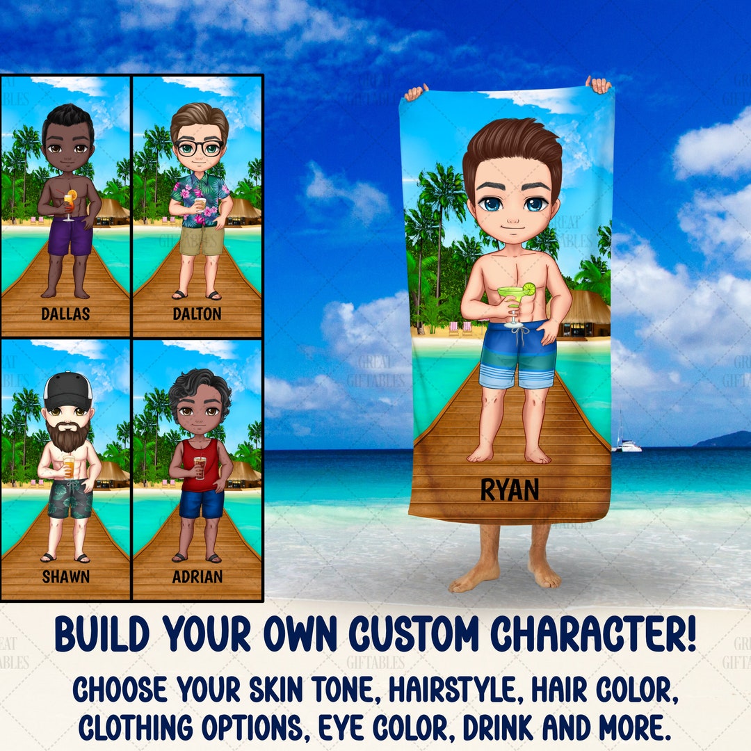 Personalized Men's Custom Character Beach Towel, Guys Trip Selfie ...