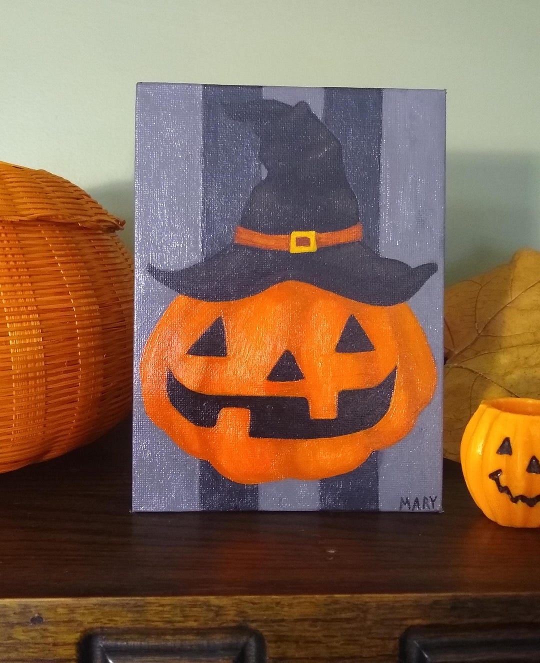 Original Oil Painting of Jack-o-lantern Wearing a Witch's Hat With ...