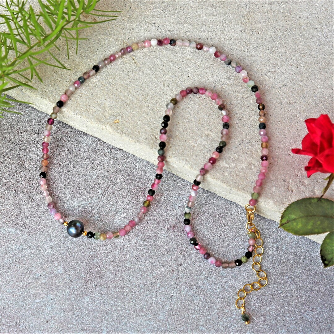 Beaded Watermelon Tourmaline Cultured Pearl Pendant Necklace. - Etsy