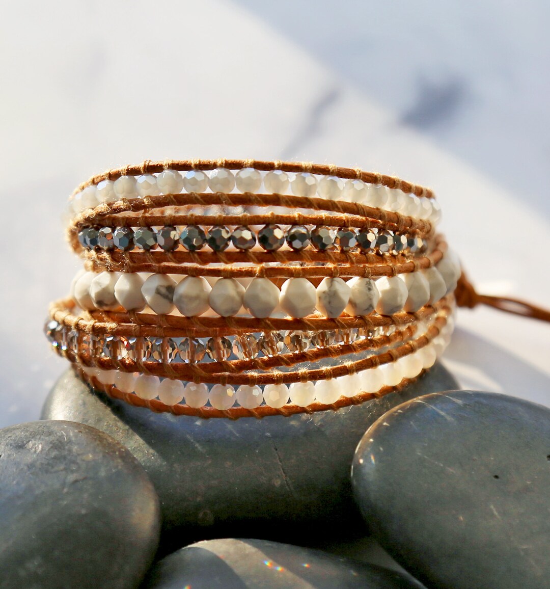 Beaded Multi-stone Wrap Bracelet. Multi-layer Leather Wrap Around ...
