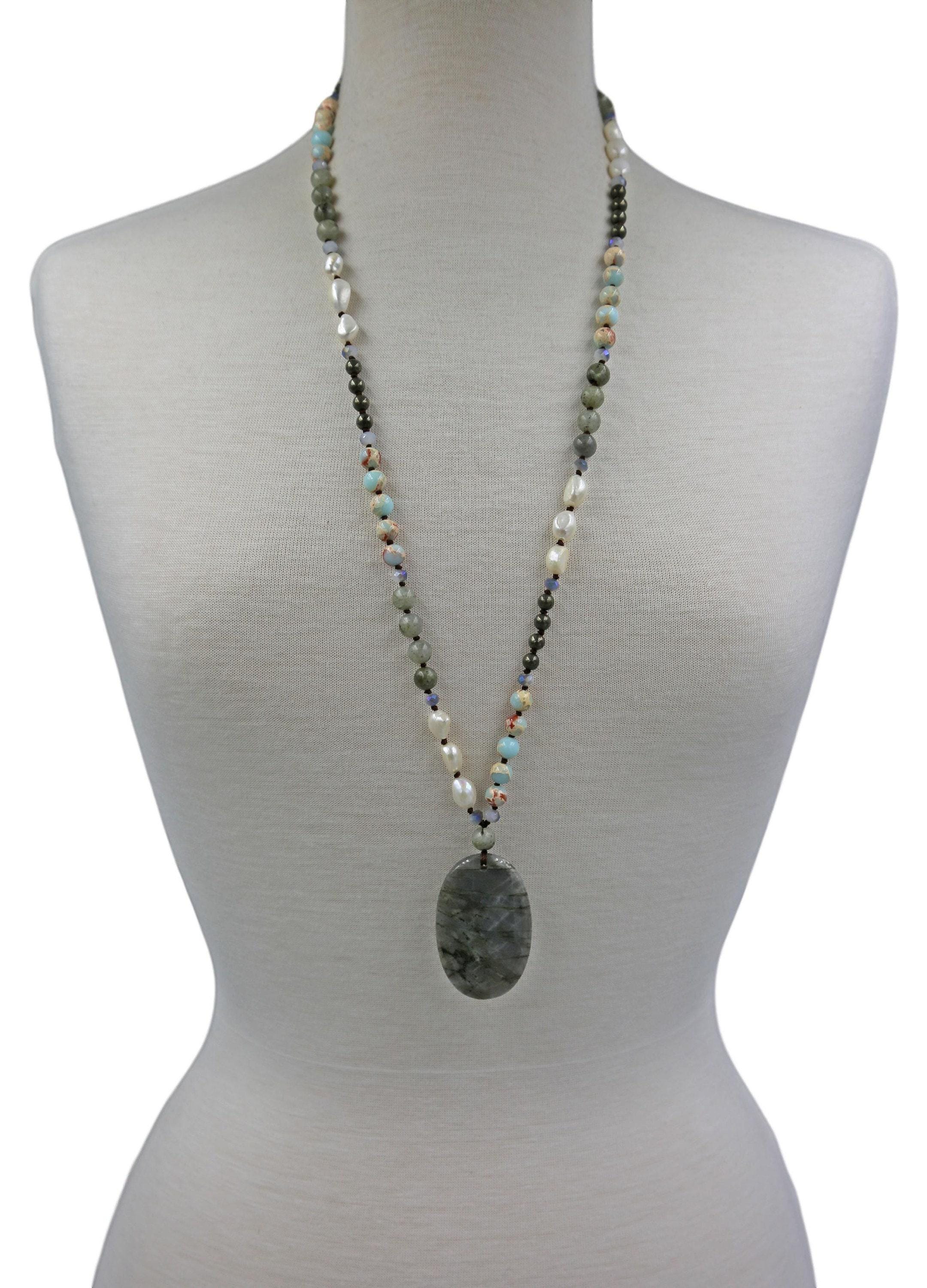 Beaded Labradorite Geo Pendant Necklace. Long Multi Gemstone and ...