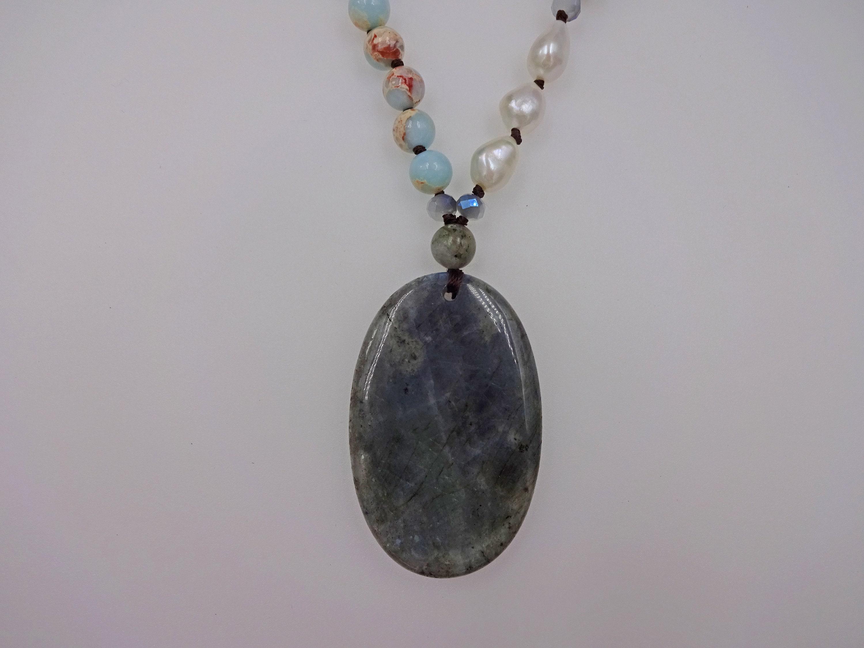 Beaded Labradorite Geo Pendant Necklace. Long Multi Gemstone and ...