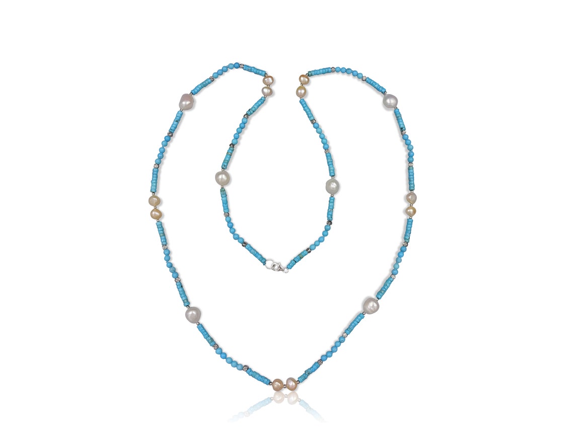 Beaded Blue Turquoise & Freshwater Pearl Long Necklace. Long - Etsy
