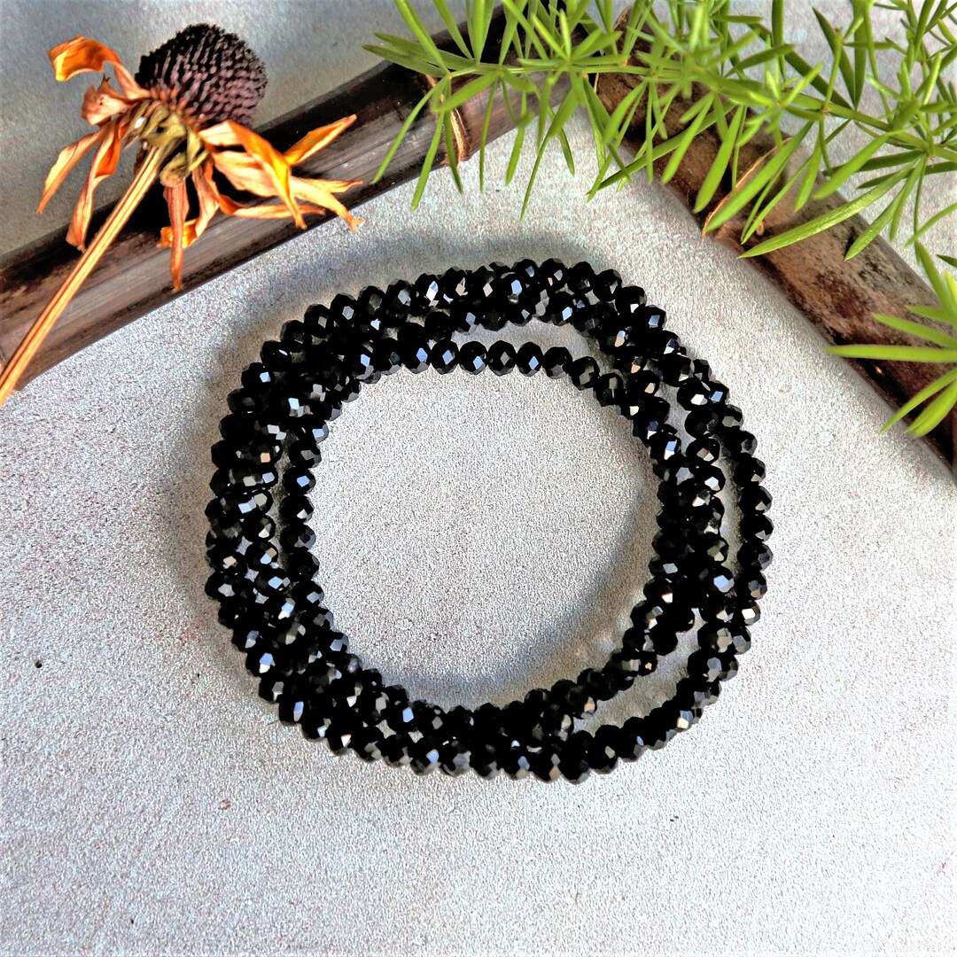 4MM Jet Black Petite Crystal Stackable Set of Four Stretch Bracelets ...