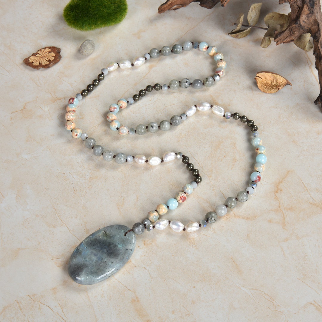 Beaded Labradorite Geo Pendant Necklace. Long Multi Gemstone and ...