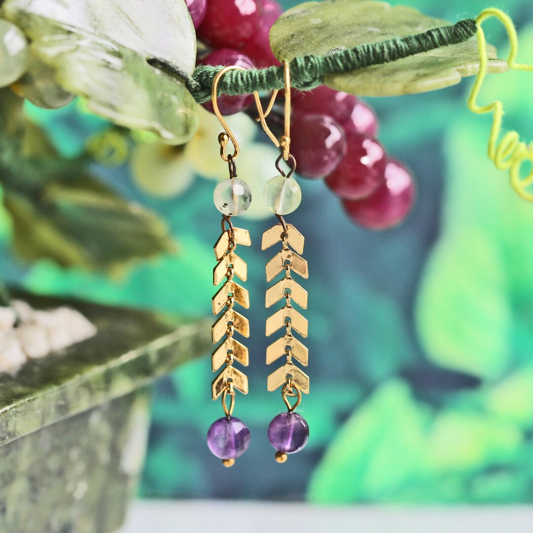 Gemstone Herringbone Chain Earrings. Amethyst and Prehnite Dangle Drop ...