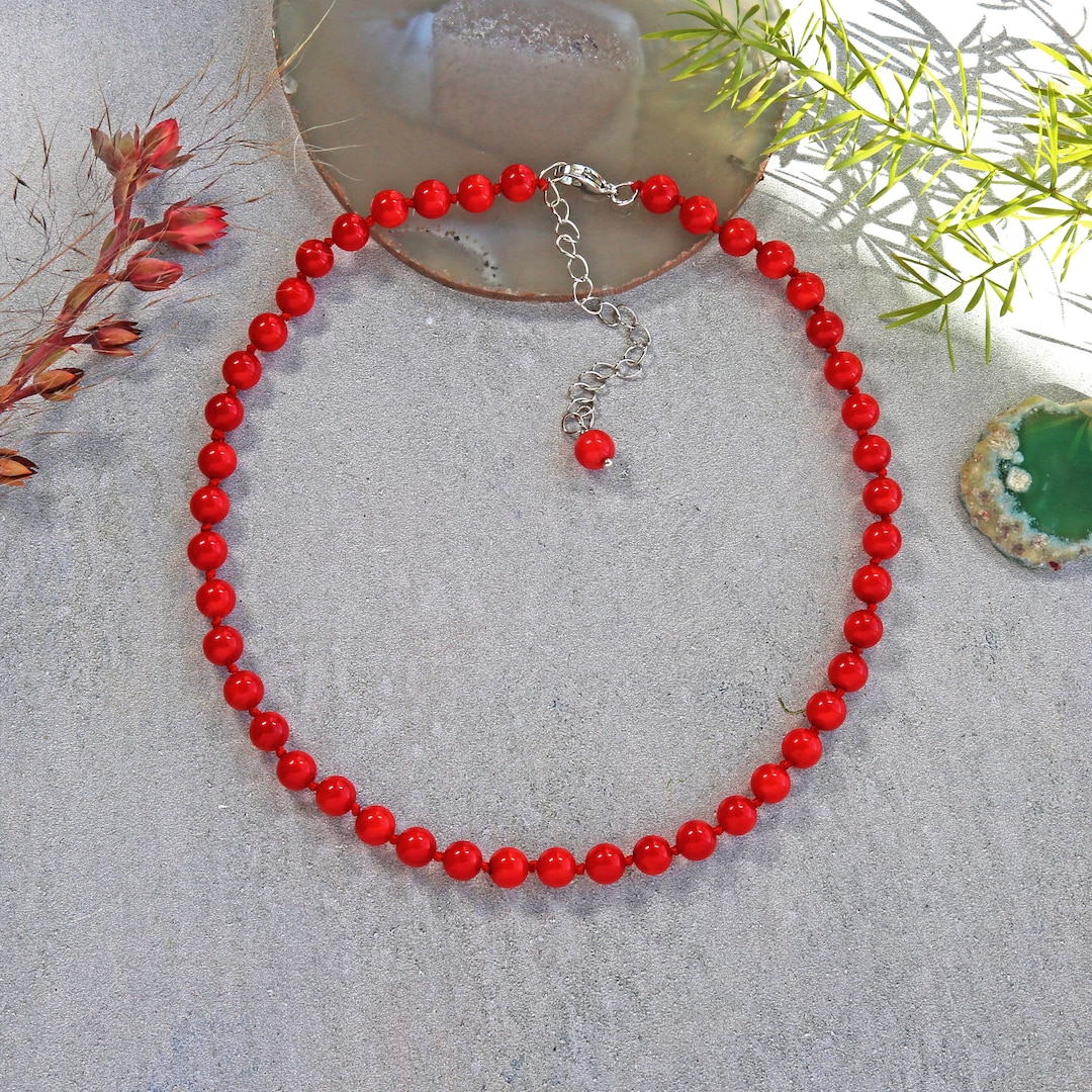 Beaded Red Coral Gemstone Short Choker Style Necklace With a Sterling ...