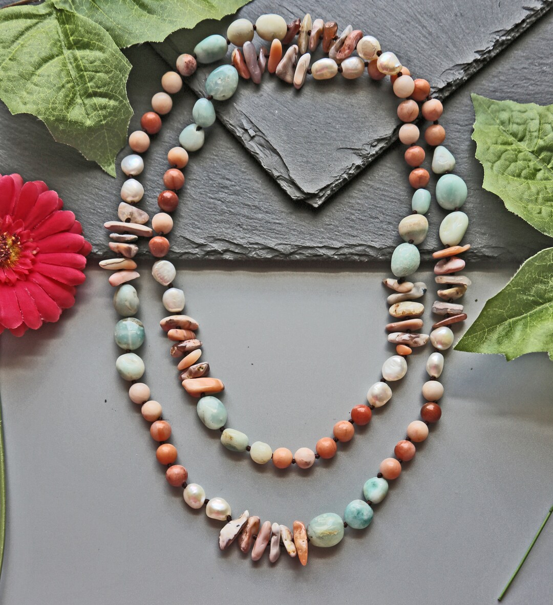 Beaded Mix-stone & Pearl Mala Style Necklace. Amazonite Free Form ...