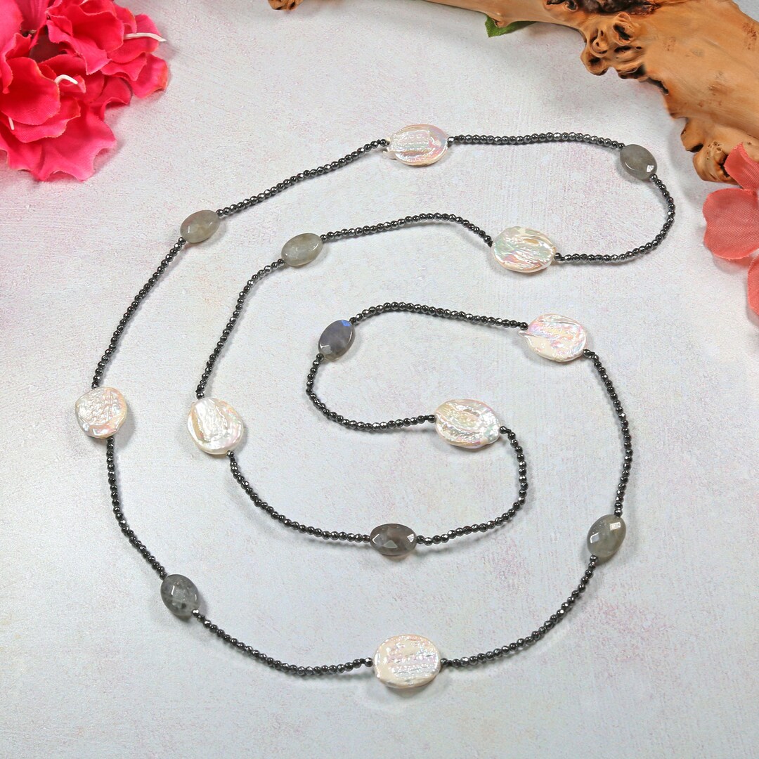 Cultured Coin Pearl and Micro-cut Hematite Stone Necklace. - Etsy