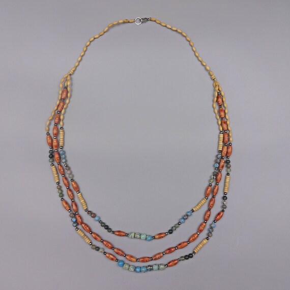 Triple Strand Gemstone Wooden Bead Necklace | Etsy