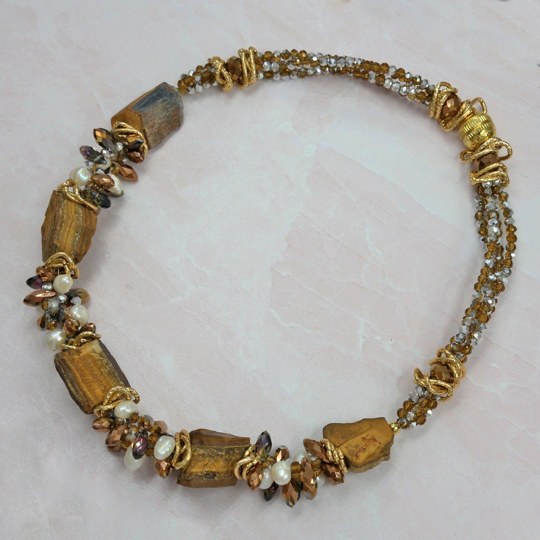 Tiger's Eye Short Necklace. Mix Statement Necklace. Statement Necklace ...