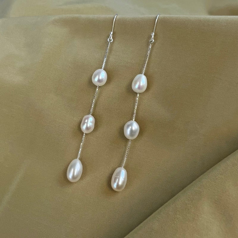 Triple Pearl Dangle Earrings - Etsy