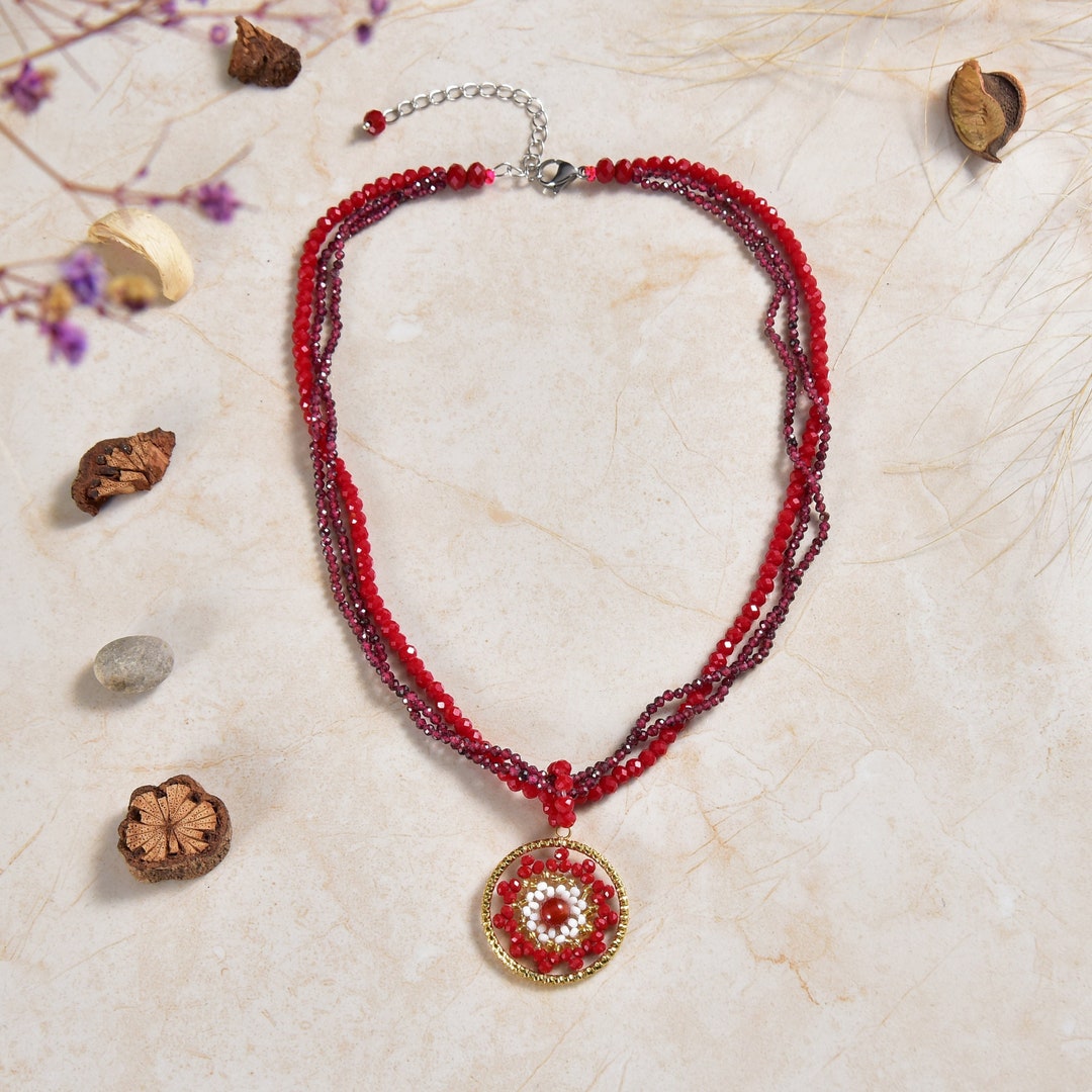 A Hand-beaded Medallion Pendant Necklace; Short Necklace With Pendant ...
