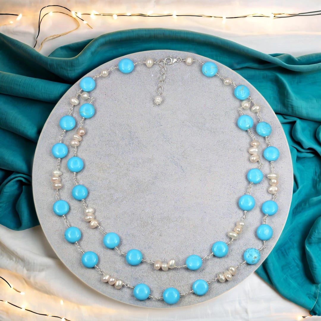 Double Strand Pearl & Turquoise Disc Necklace. - Etsy
