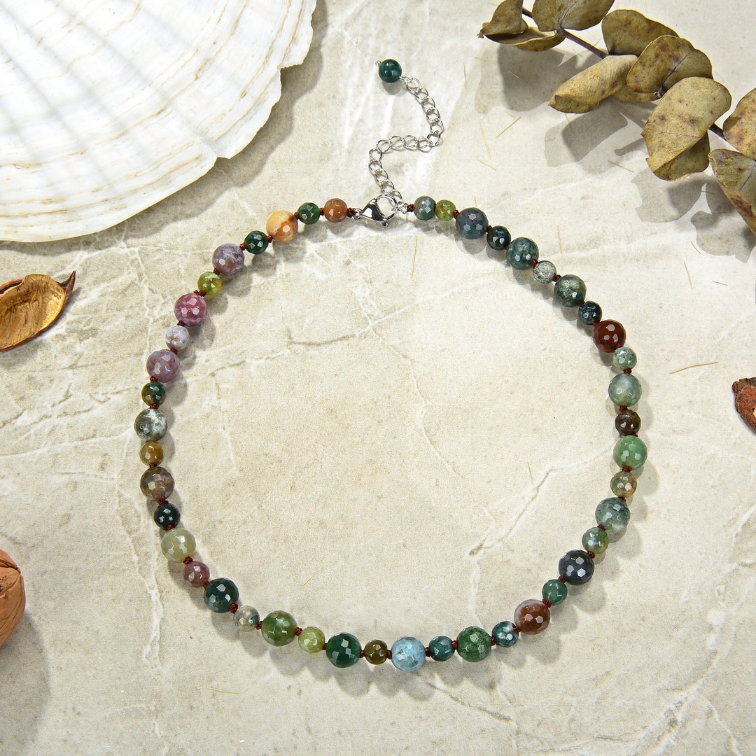 Beaded Fancy Jasper AKA Indian Agate Choker Necklace. Green Gemstone ...