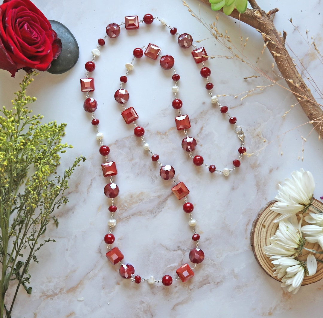 Red Mix Shaped Crystals Long Necklace - Etsy