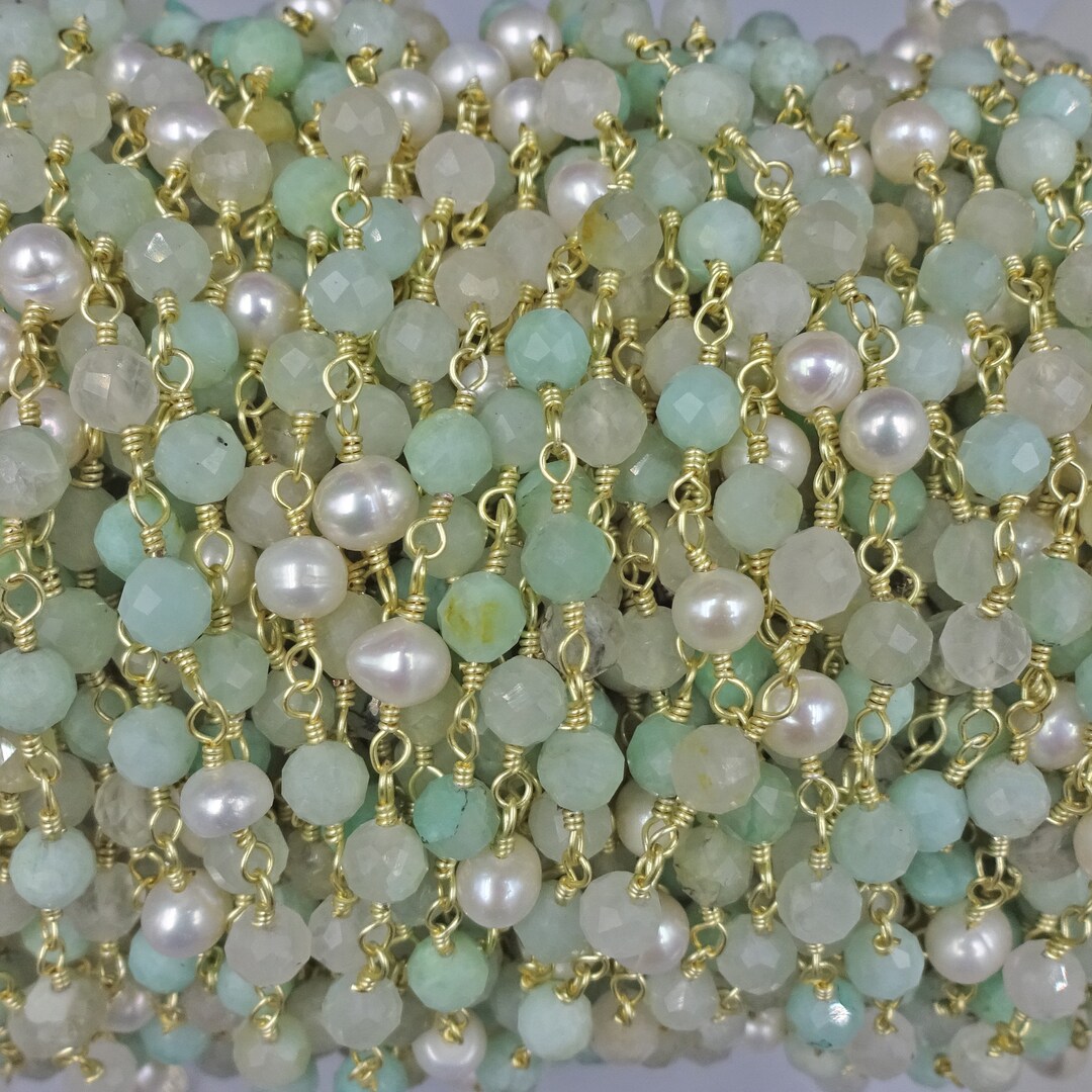 2FT 5MM Micro-cut Peruvian Amazonite &5-6MM Cultured Pearl in Gold ...