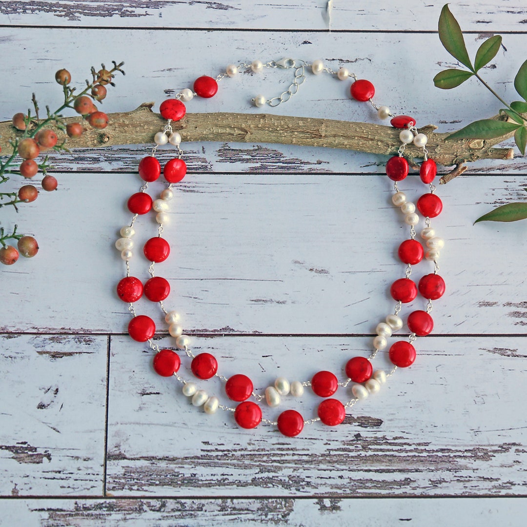 Red Magnesite Turquoise & Pearl Necklace; Multi-strand Red Magnesite ...