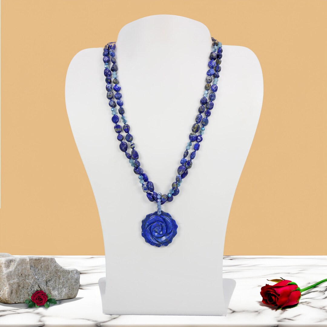 Enchanted Lapis Lazuli Rose Necklace. Blue Gemstone Pendant Necklace ...