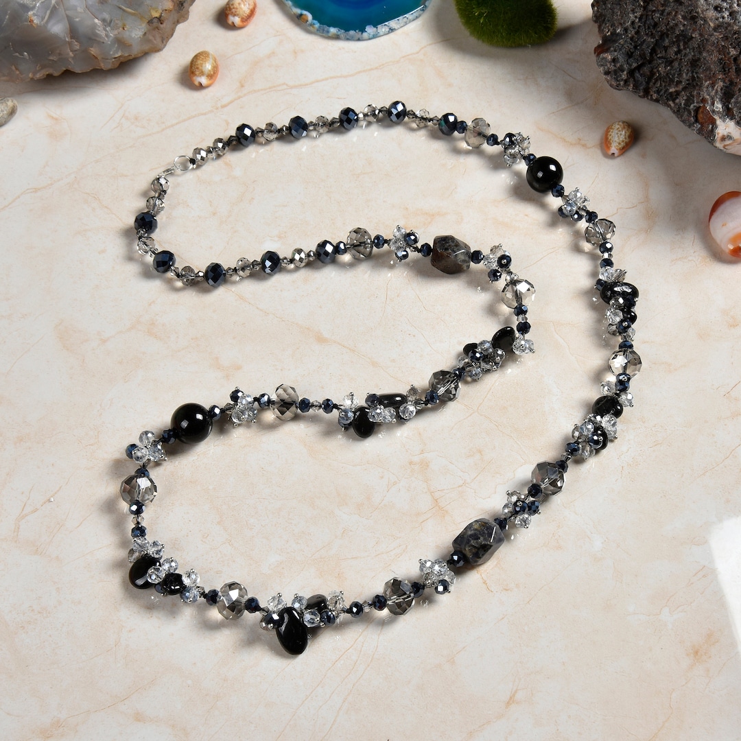 Beaded Multi-stone Necklace. Beaded Long Necklace. Long Onyx Gemstone ...