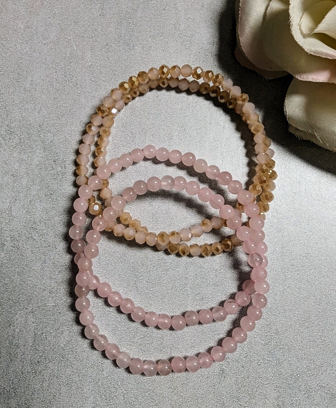 4MM Genuine Rose Quartz and Crystals Stackable Set of 4 Pieces ...
