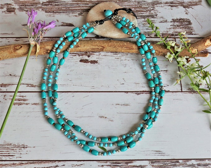 Beaded Multi Strand Turquoise Choker or Collar Necklace. 3 Strand ...