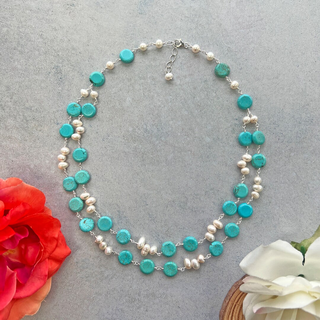 Double Strand Pearl & Turquoise Disc Necklace. - Etsy