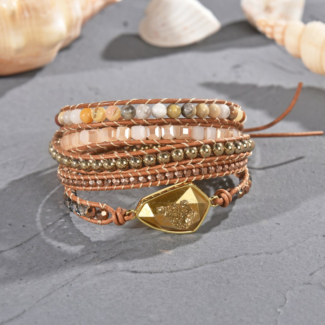 Picture Jasper Multi Stone 5 Wrap Bracelet Beaded on Genuine Leather ...