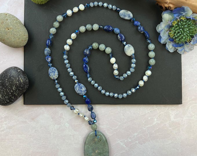 Beaded Sodalite Geo Pendant Necklace. Long Multi Gemstone and Genuine ...