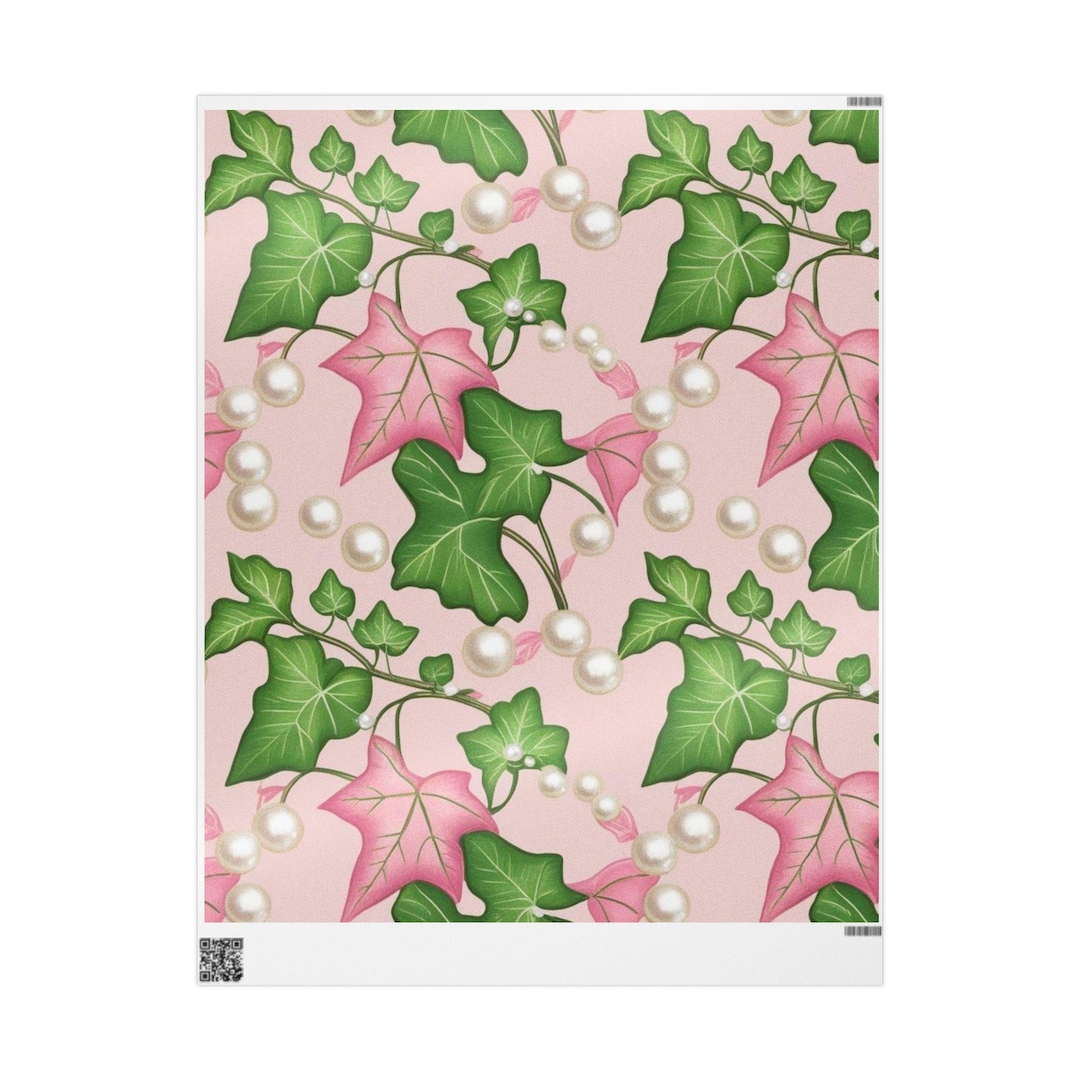 Pink and Green Ivy Leaf and Pearl Design Gift Wrapping Papers, Elegant for Holiday or Bridal ...