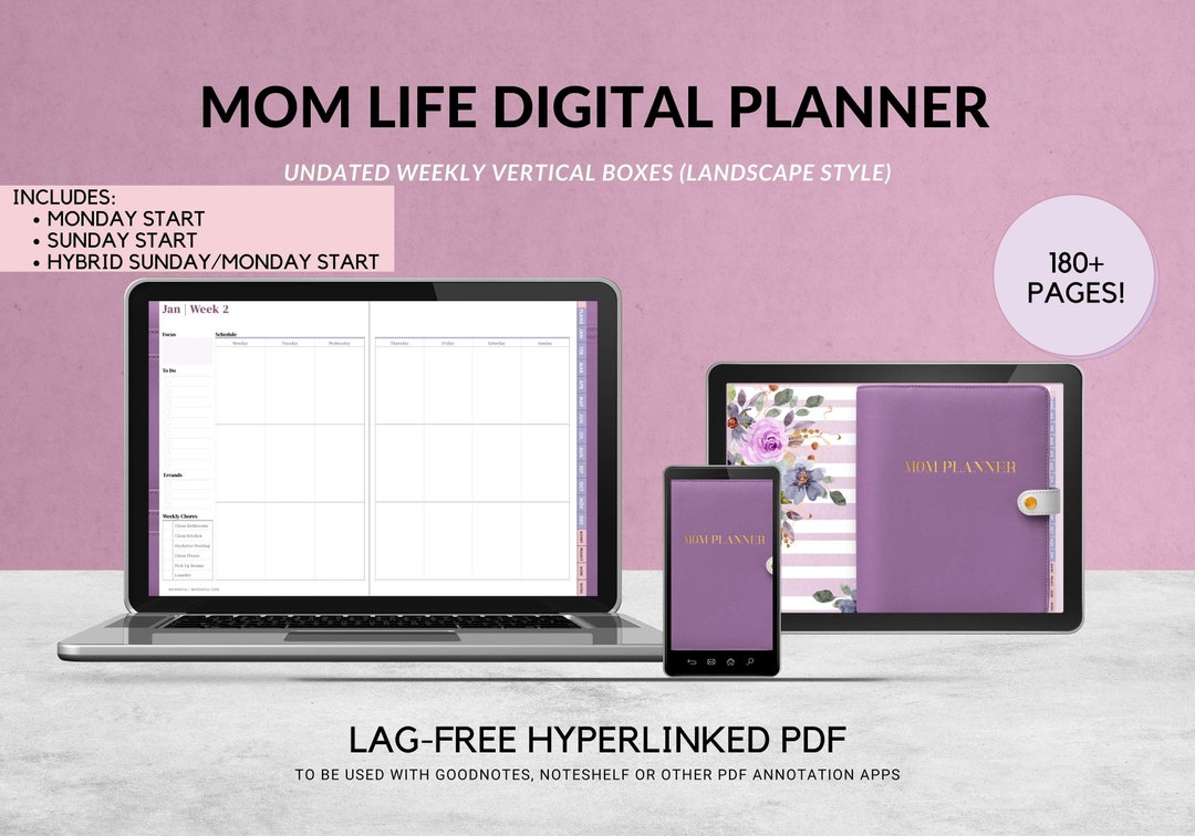 Undated Mom Life Digital Planner - Weekly Vertical Box Layout (sunday ...