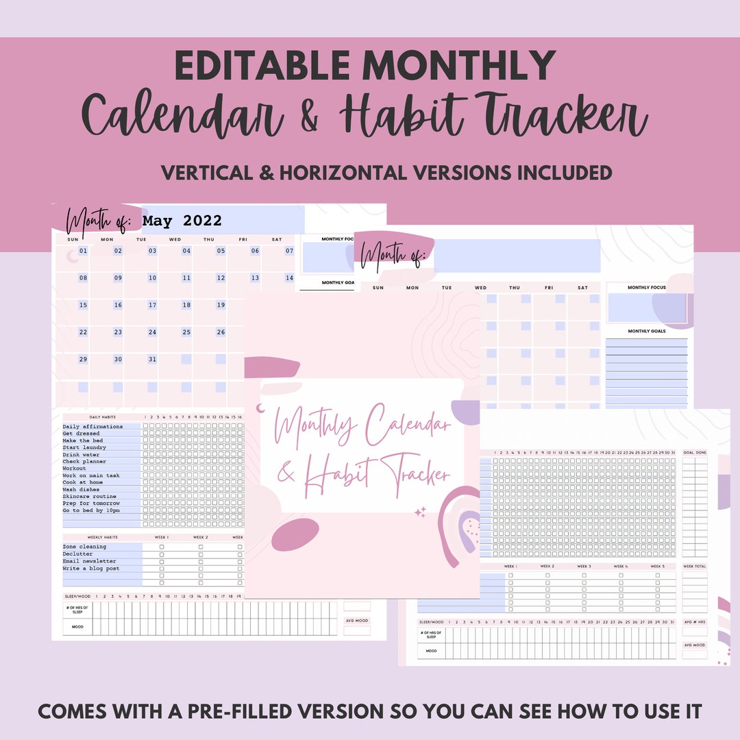 Editable Monthly Calendar Habit Tracker (portrait & Landscape Versions ...