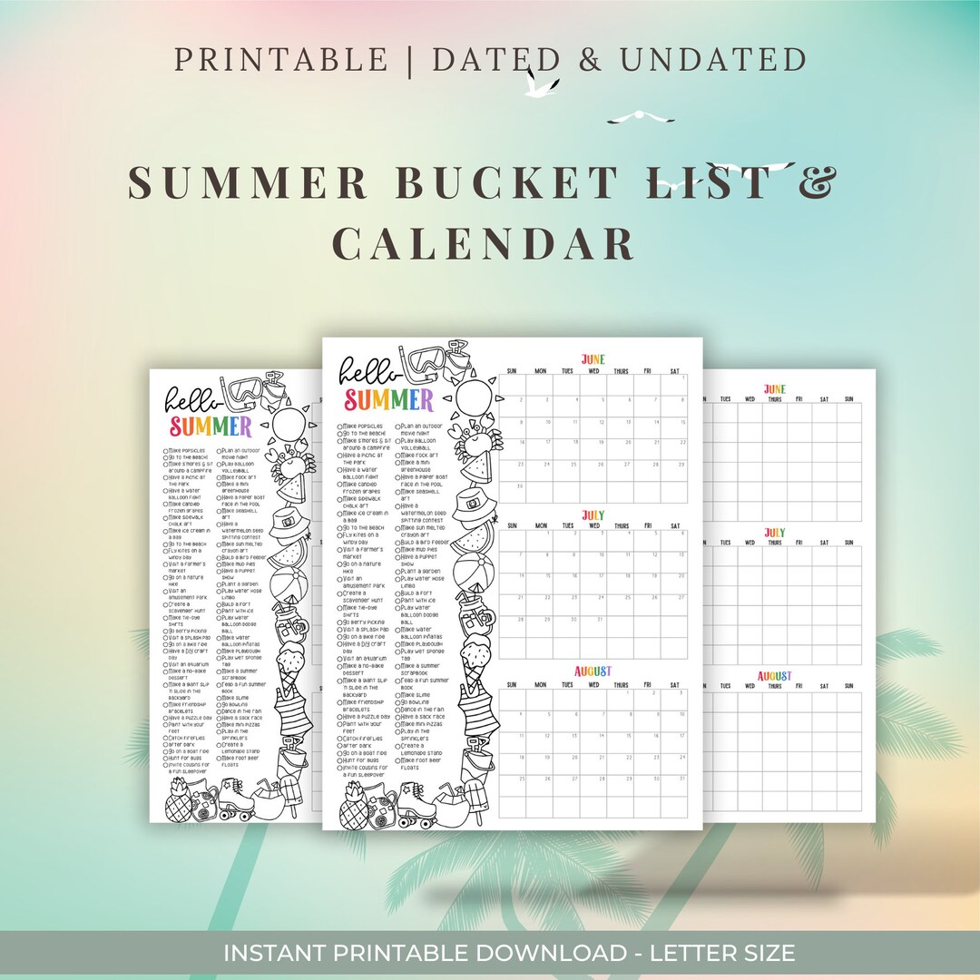 Summer Calendar & Bucket List | Dated and Undated | Sunday or Monday ...