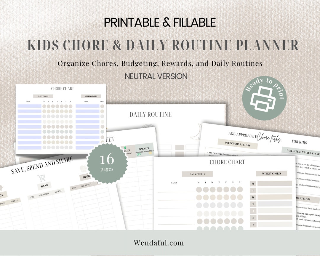 Neutral Fillable Kids Chore and Routine Planner Bundle | Age ...