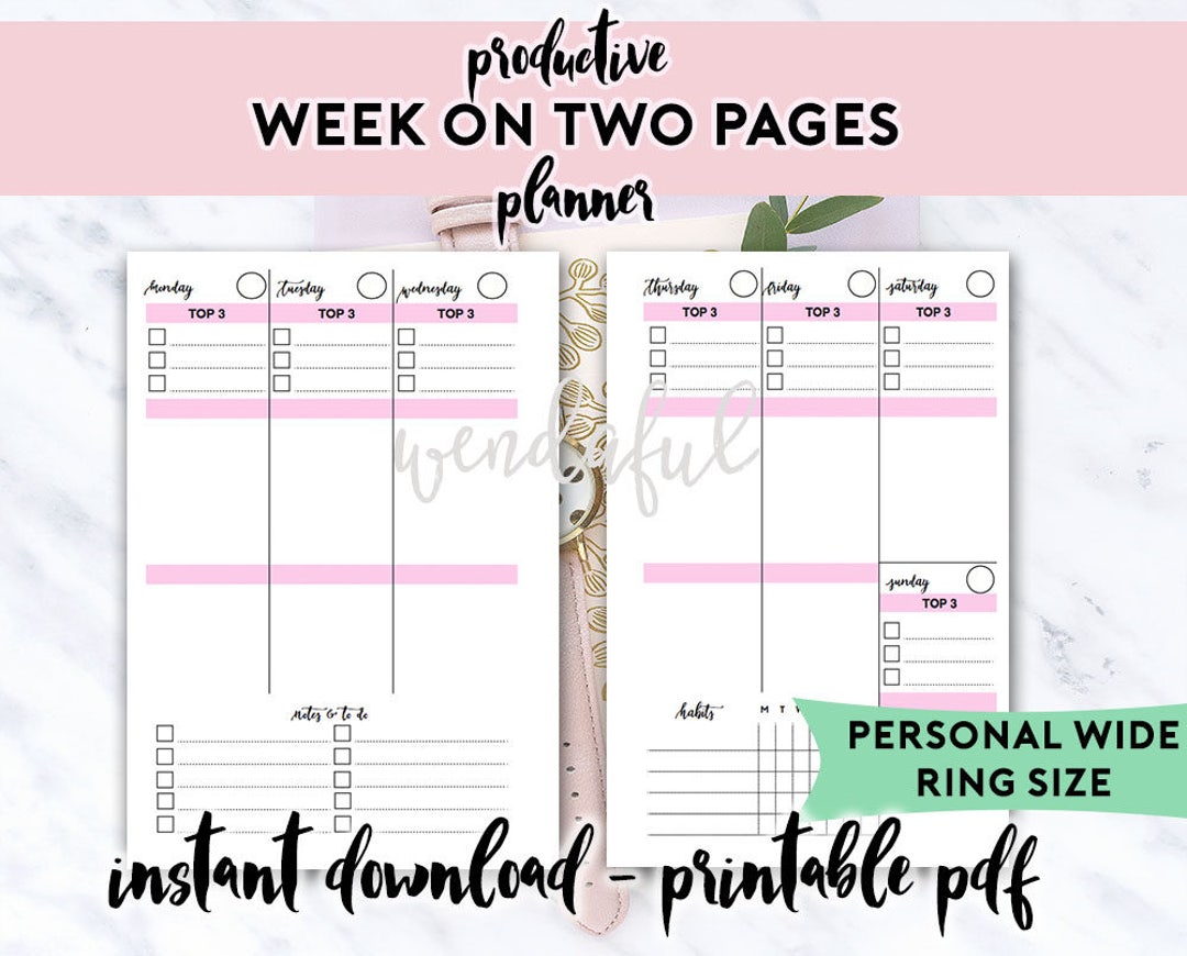 Personal Wide Size Ring Bound - Productive Week on Two Pages Planner - Etsy