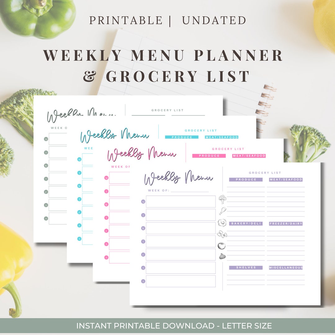 Weekly Menu Planner & Grocery List | 4 Colors - Etsy