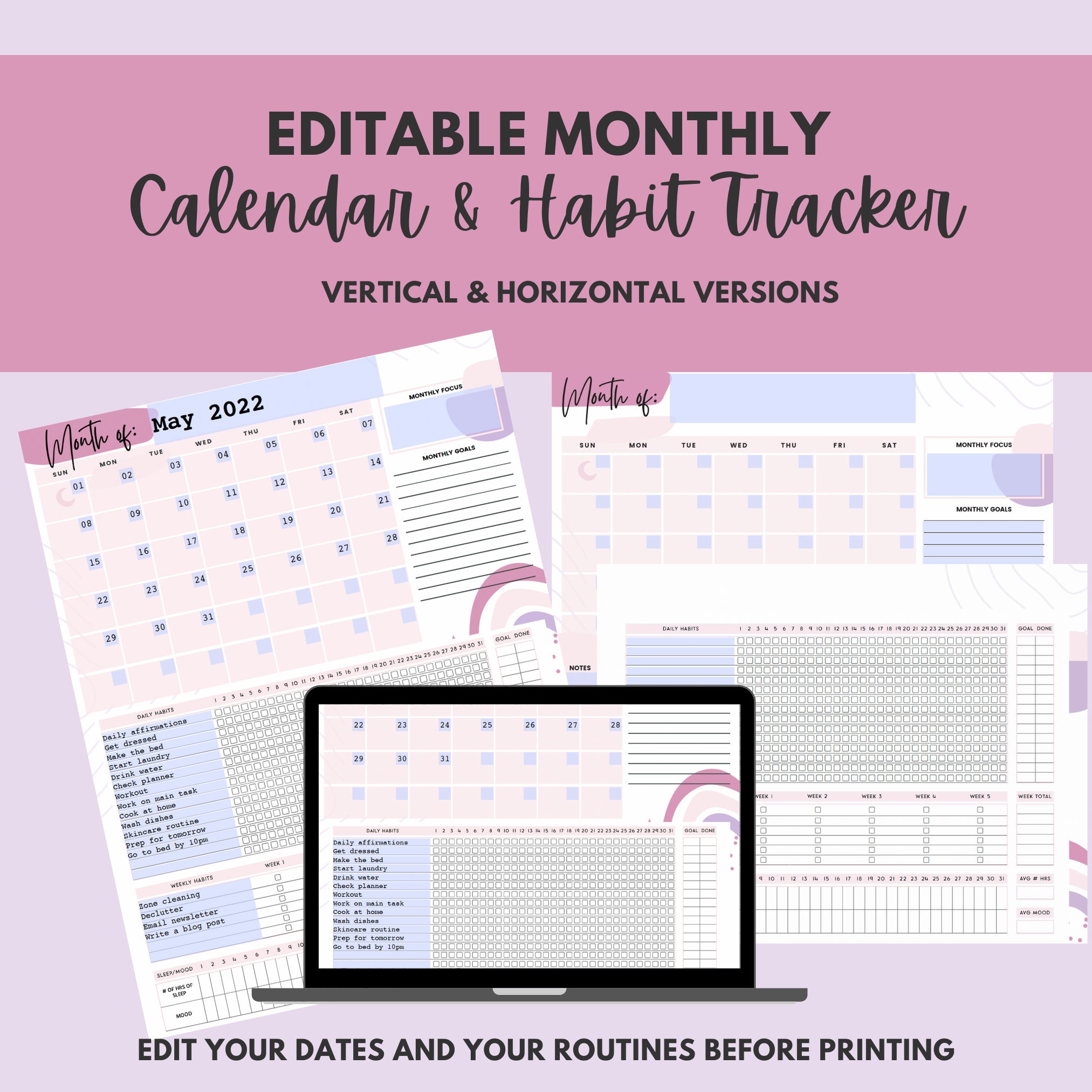 Editable Monthly Calendar Habit Tracker portrait & Landscape | Etsy