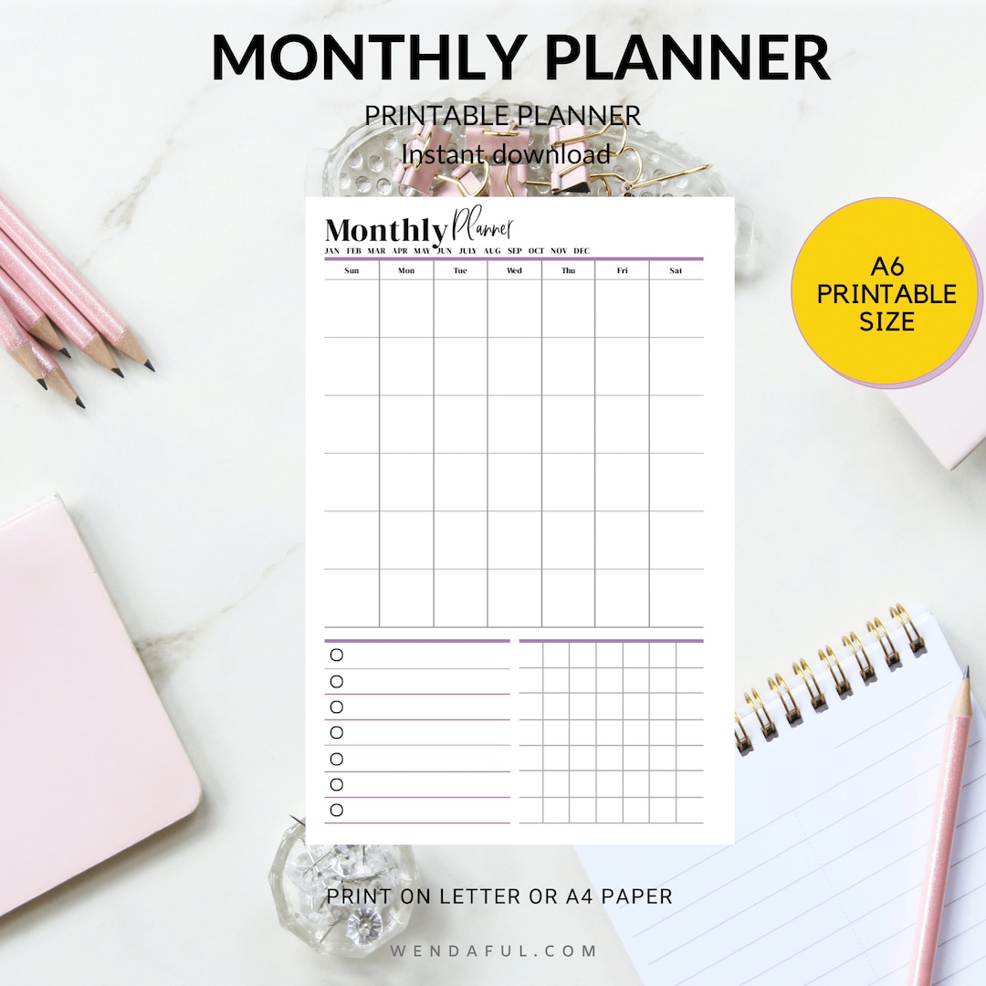 Printable A6 Size Undated Monthly Planner | Instant Download - Etsy