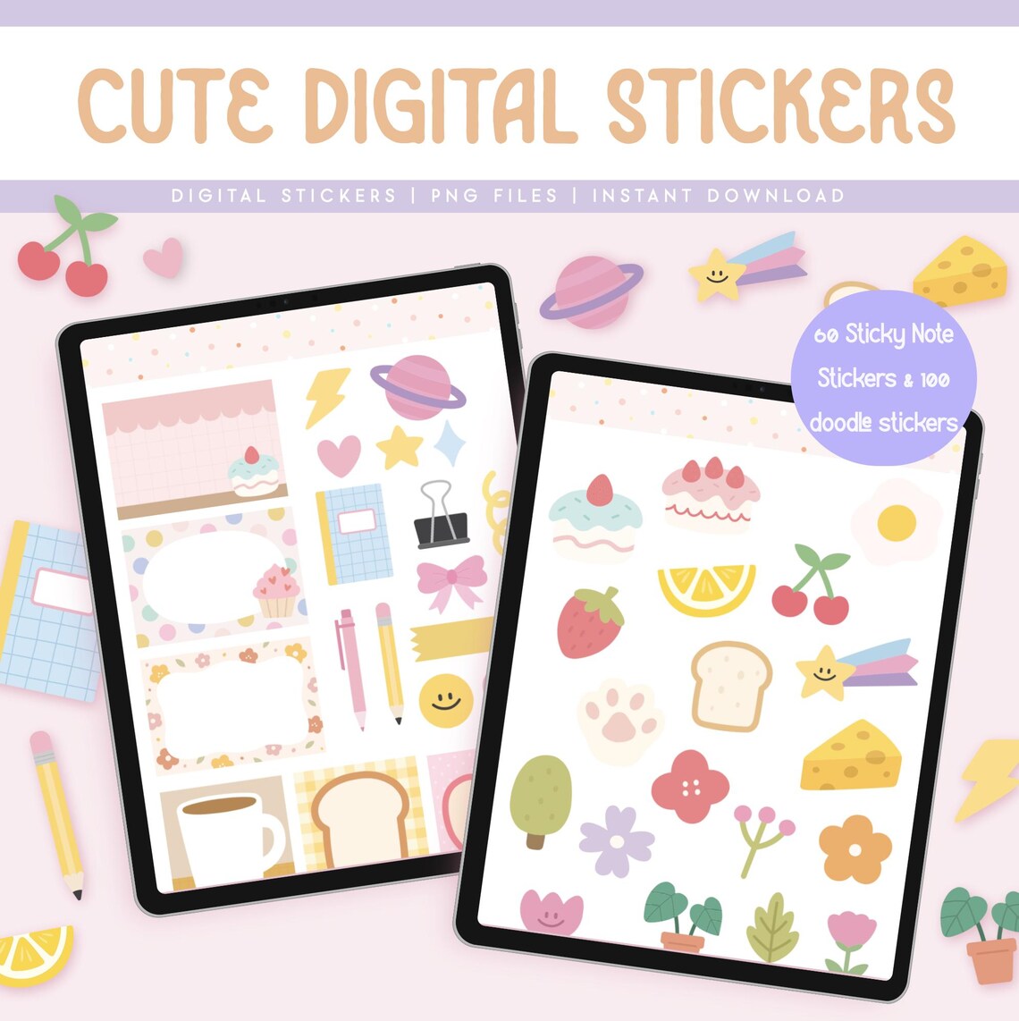 Digital Pastel Cute Doodle Planner Stickers & Sticky Notes - Etsy