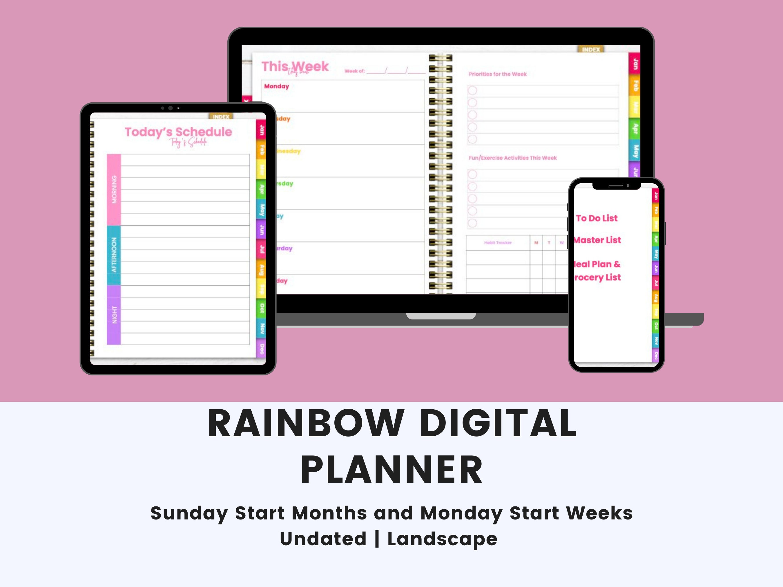 Undated Landscape Rainbow Digital Planner sunday/monday - Etsy