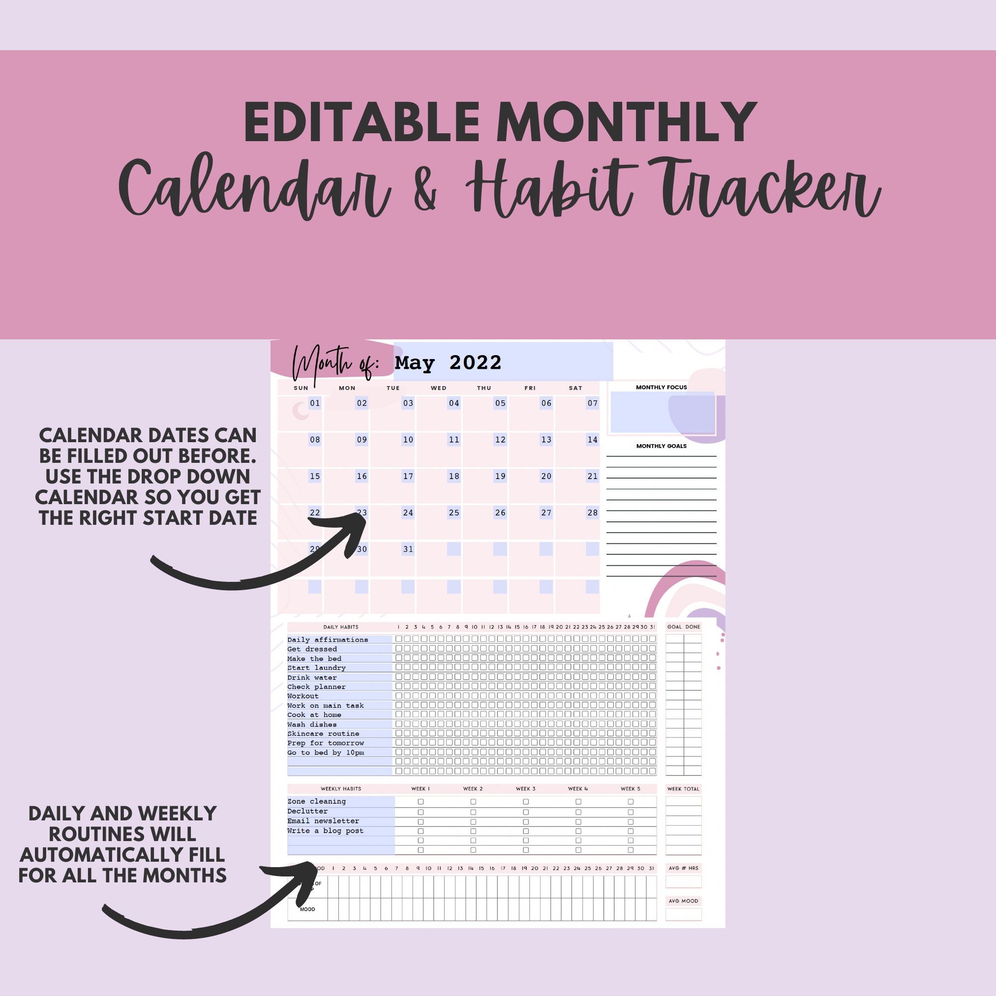 Editable Monthly Calendar Habit Tracker portrait & Landscape | Etsy