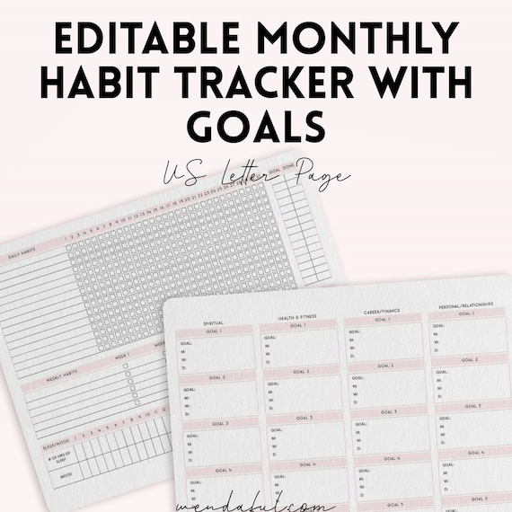 Editable Monthly Habit Tracker With Goal Planning Page | Etsy