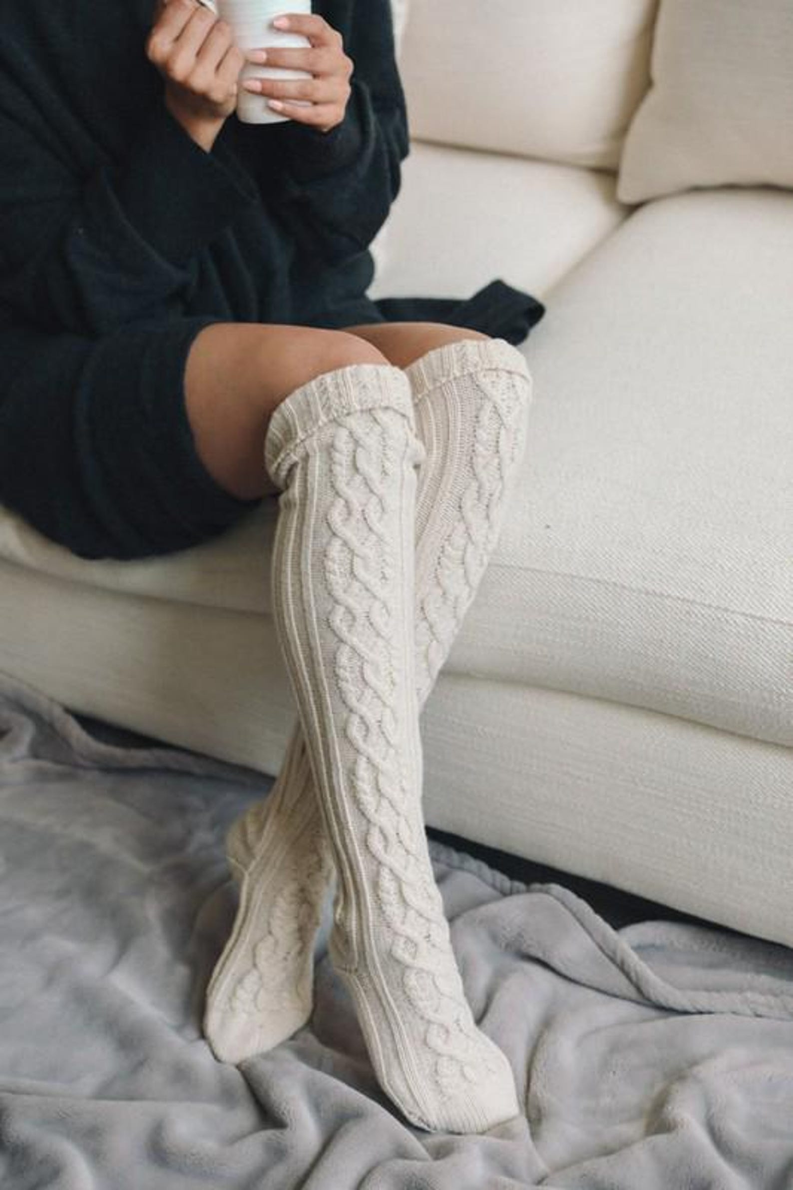 Cable Knit Lounge Socks Thigh High Socks for Women, Winter Over Knee ...