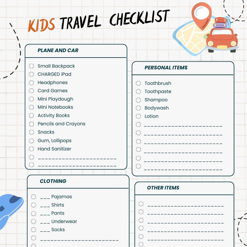 Kids Travel Checklist - Etsy