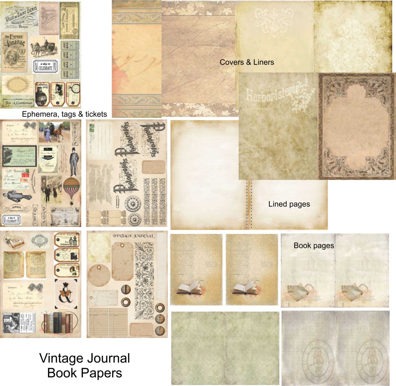 Vintage Journal Book Papers, 8.3x11, Junk Journal, Mini Album, Vintage ...